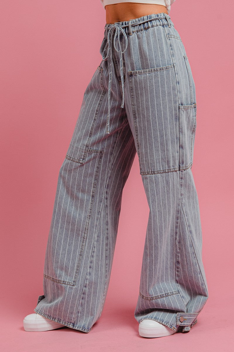 BiBi Washed Pinstripe Cargo Pants in Denim – June Adel