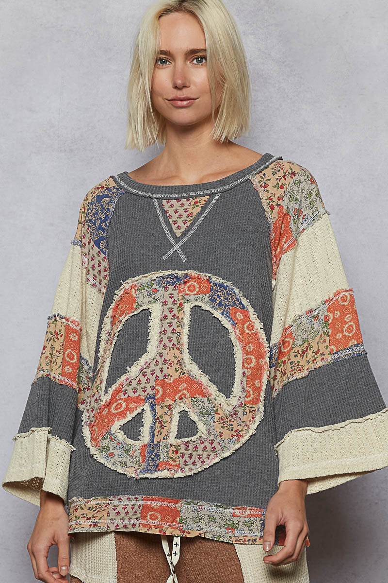 POL OVERSIZED Thermal Knit Top with Peace Sign Patched Front in Charco ...
