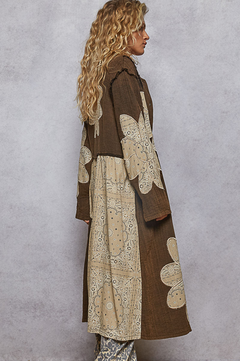 POL Double Gauze Half Button Front Duster with Large Floral Flower Pat ...