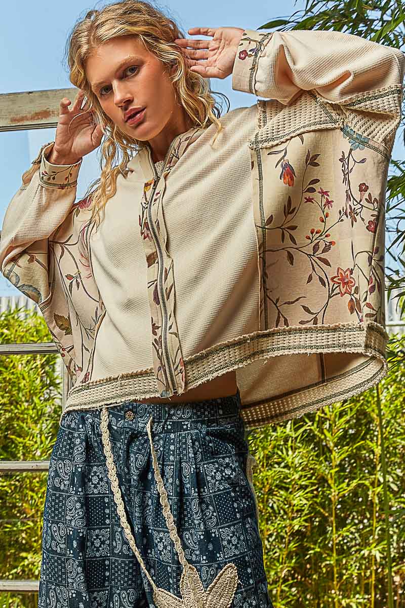 POL OVERSIZED Thermal Knit and Print Knit Jacket in Almond – June Adel