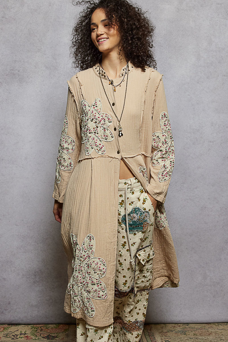 POL Double Gauze Half Button Front Duster with Large Floral Flower Pat ...