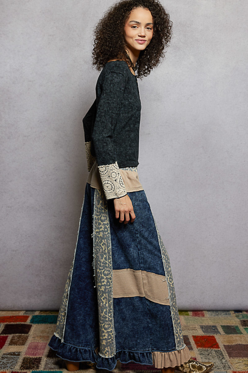 POL French Terry Patchwork Pants with Ruffle Hem in Indigo – June Adel