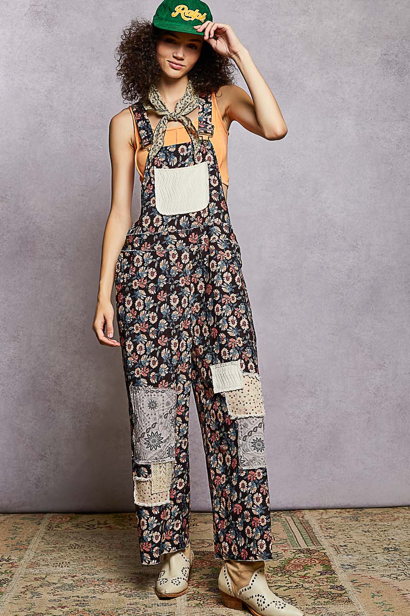 POL Printed Corduroy Overalls with Mixed Patches in Black Multi – June Adel