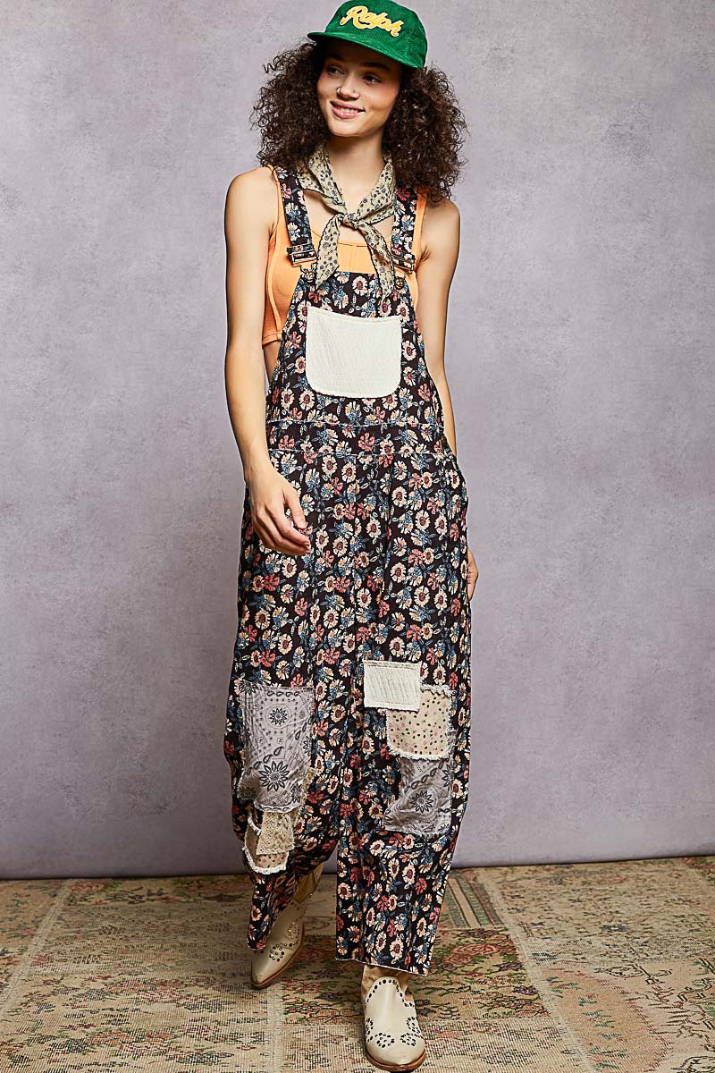 POL Printed Corduroy Overalls with Mixed Patches in Black Multi – June Adel