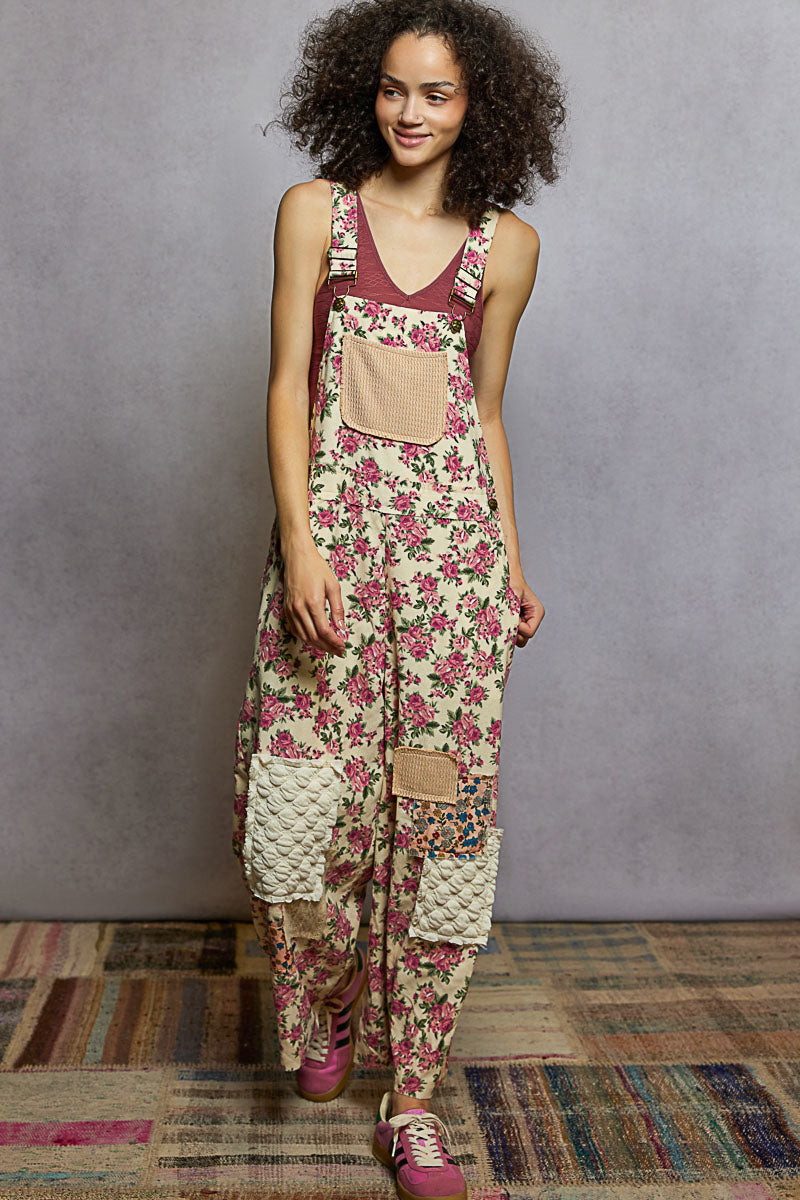 POL Printed Corduroy Overalls with Mixed Patches in Cream Multi – June Adel