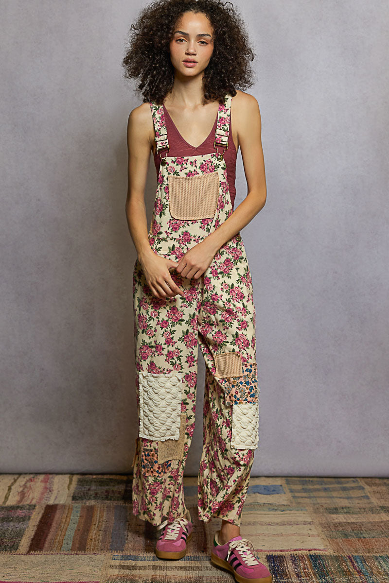 POL Printed Corduroy Overalls with Mixed Patches in Cream Multi – June Adel