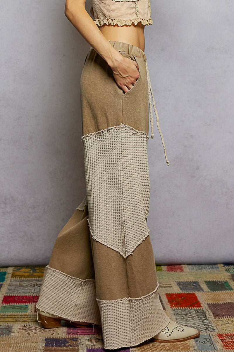 POL Contrasting French Terry and Thermal Knit Pants in Dusty Choco ...