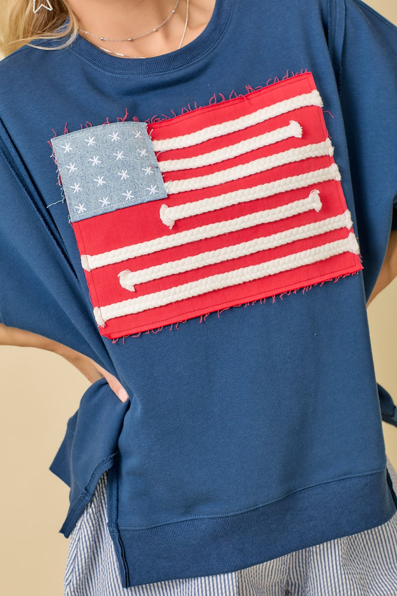 Main Strip OVERSIZED American Flag Patchwork Terry Knit Top in Dark Bl ...