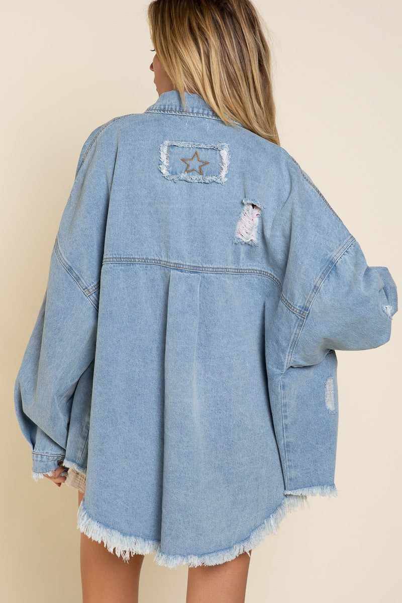 POL Twill Distressed Shacket in Denim – June Adel