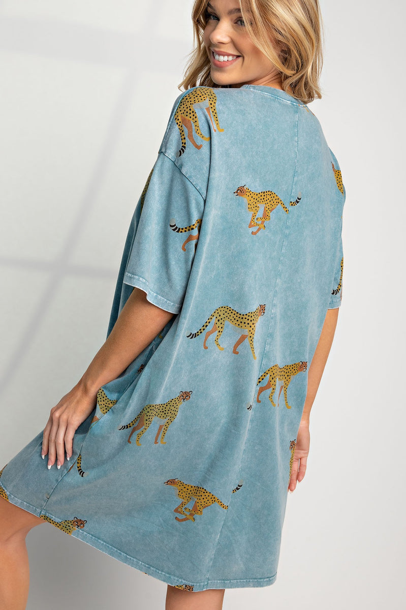 Easel Cheetah Print T Shirt Dress in Washed Denim – June Adel