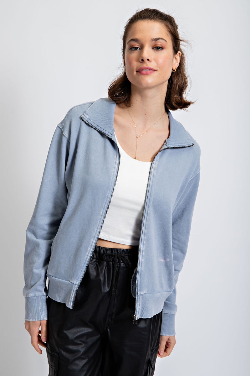 Easel Solid Color Stone Washed Zip Up Jacket in Faded Blue – June Adel