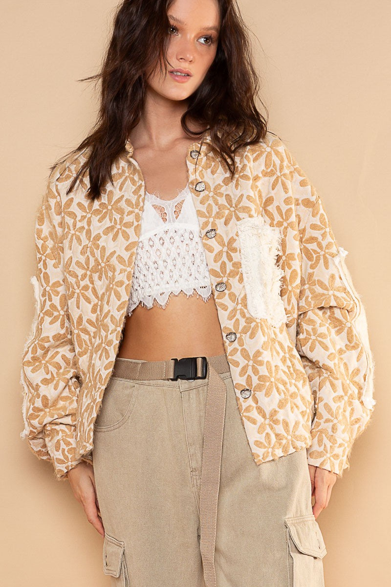 POL Floral Pattern Panel Jacquard Shacket in Latte Multi – June Adel