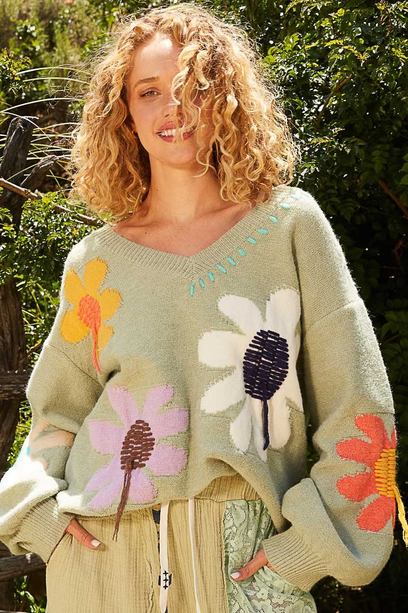 POL Floral Pattern Print Sweater in Soft Sage – June Adel