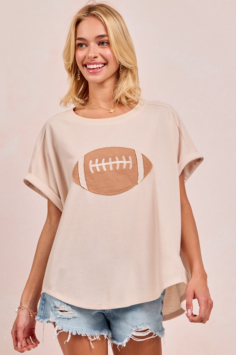 BiBi Solid Color Waffle Knit Top with Football Patch Front in Oatmeal ...