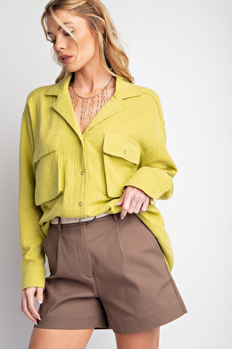 Easel Cotton Gauze Button Down Top in Matcha Latte – June Adel