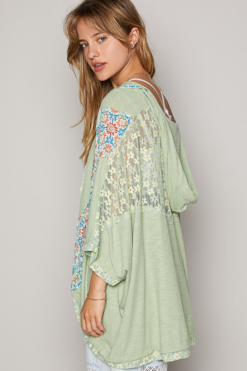 POL Oversized Peace Sign Patch Hooded Top in Sage/Yellow – June Adel
