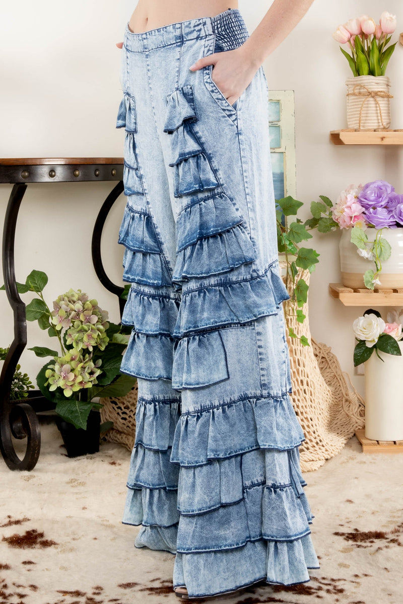 BlueVelvet Tiered Ruffled Pants in Light Denim – June Adel