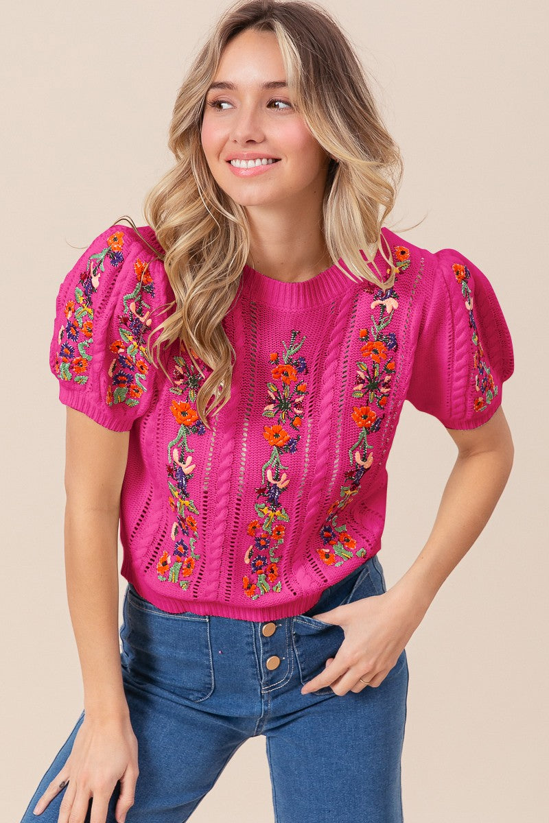 BiBi Sweater with Flower Embroidery in Fuchsia – June Adel