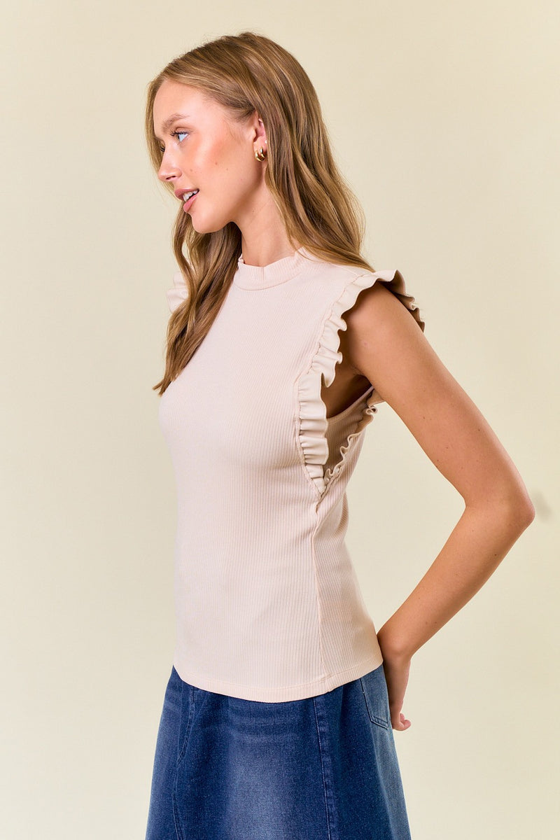 Doe & Rae Mock Neck Faux Leather Ruffle Tank Top in Beige – June Adel