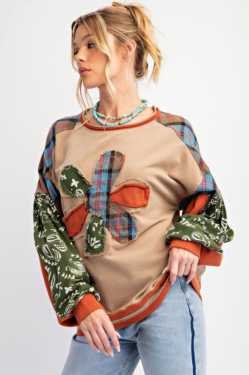 Easel Soft Washed Mix N Match Fabric Flower Patch Top in Mushroom ...