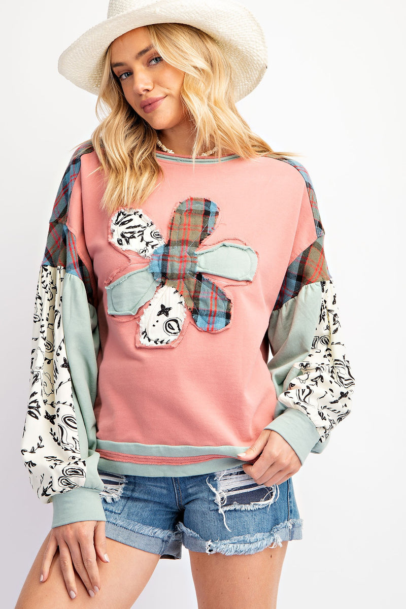 Easel Soft Washed Mix N Match Fabric Flower Patch Top in Dusty Rose ...