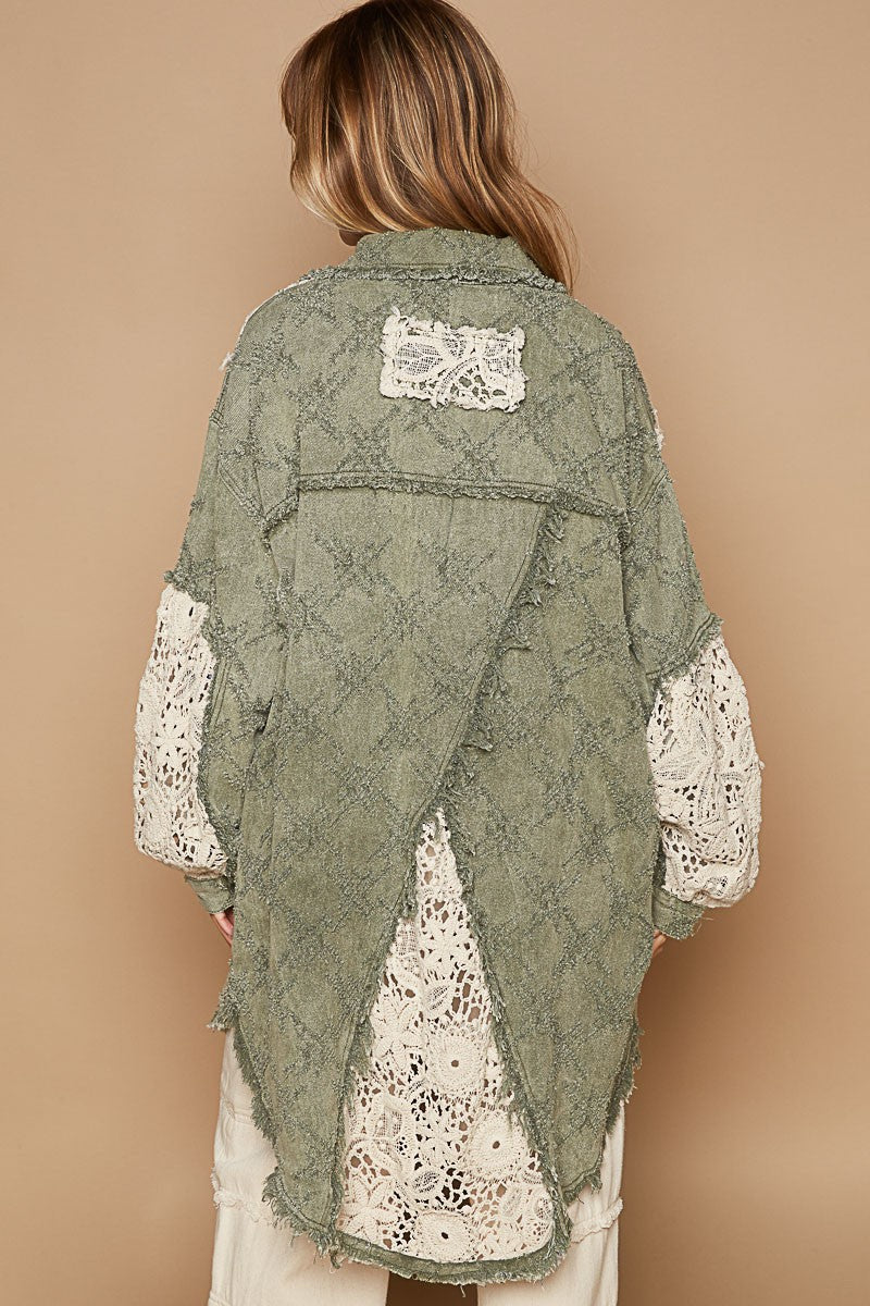 POL OVERSIZED Twill Shacket with Crochet Patches in Olive Multi – June Adel