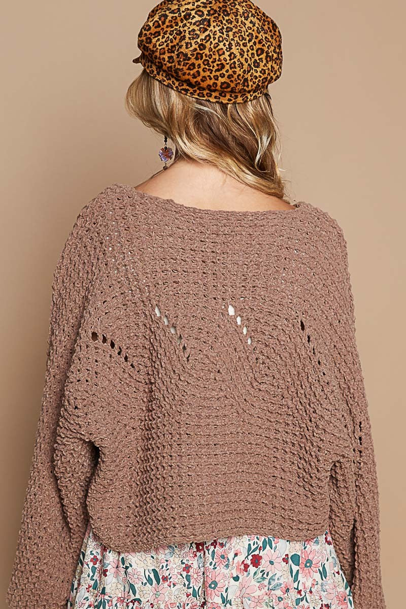 POL Solid Color SEMI-CROPPED Chenille Sweater in Chocolate – June Adel