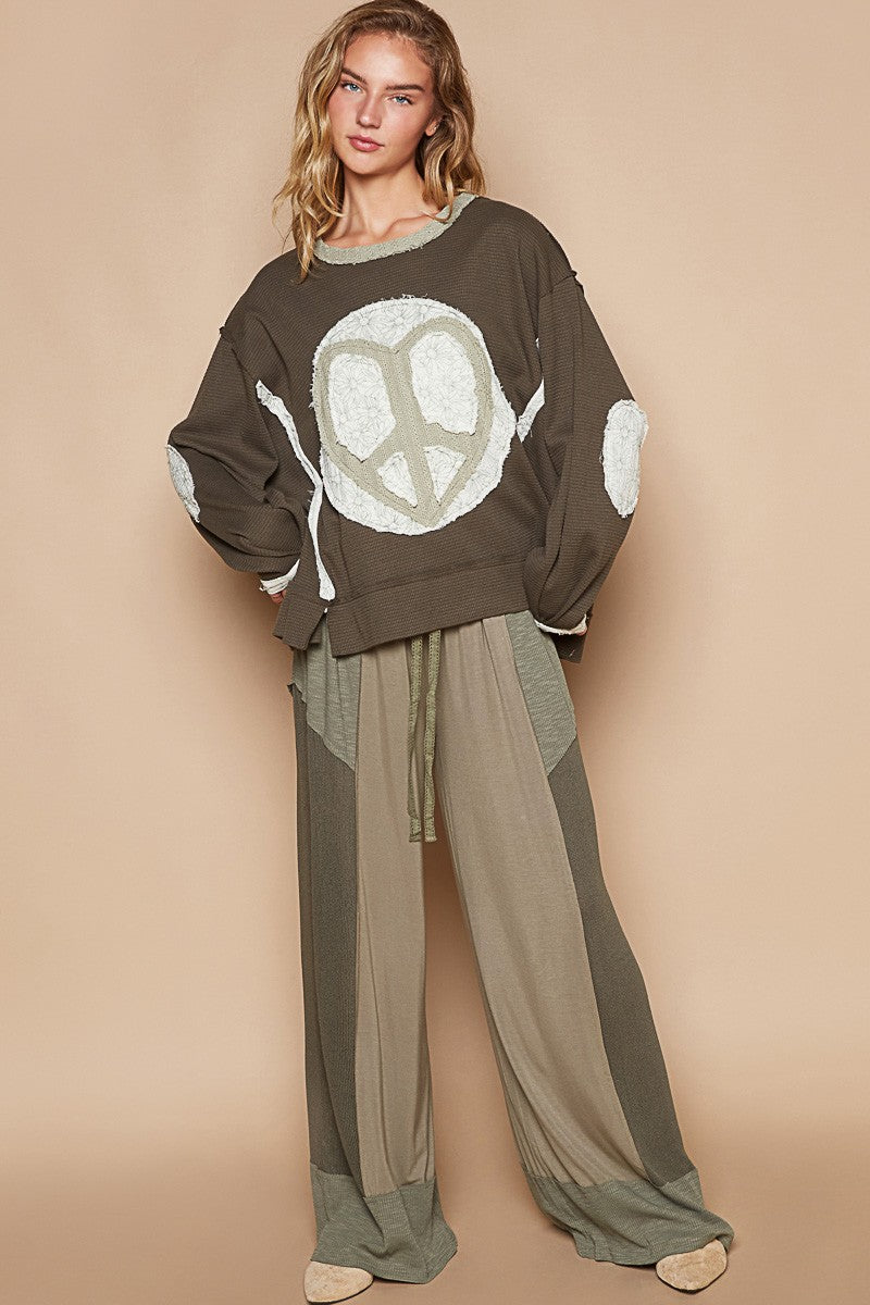 POL Thermal Knit Top with Heart Peace Sign Patch on Front in Olive ...