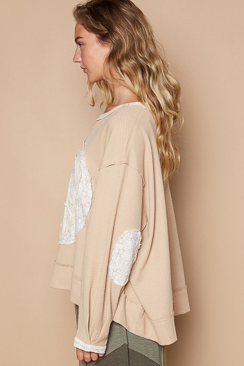 POL Thermal Knit Top with Heart Peace Sign Patch on Front in Beige ...