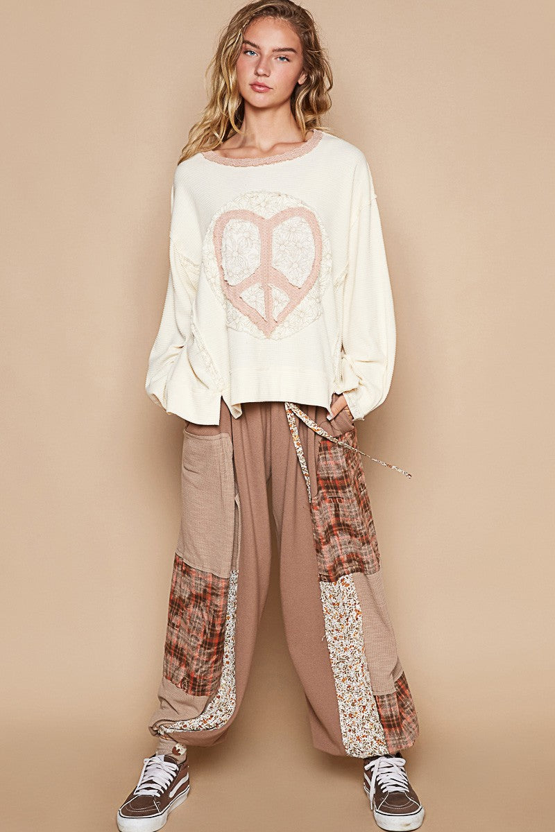 POL Thermal Knit Top with Heart Peace Sign Patch on Front in Cream ...