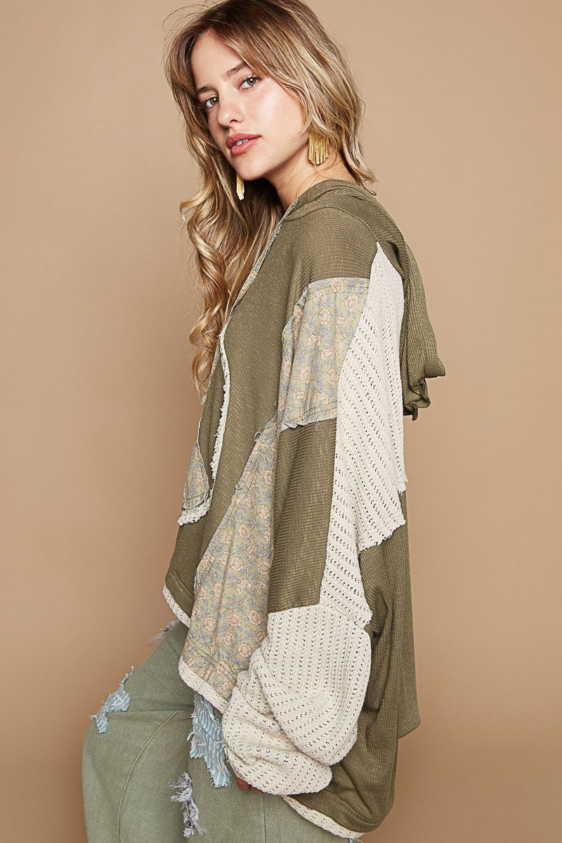 POL OVERSIZED Floral Peace Sign Patch Hooded Top in Dried Olive – June Adel