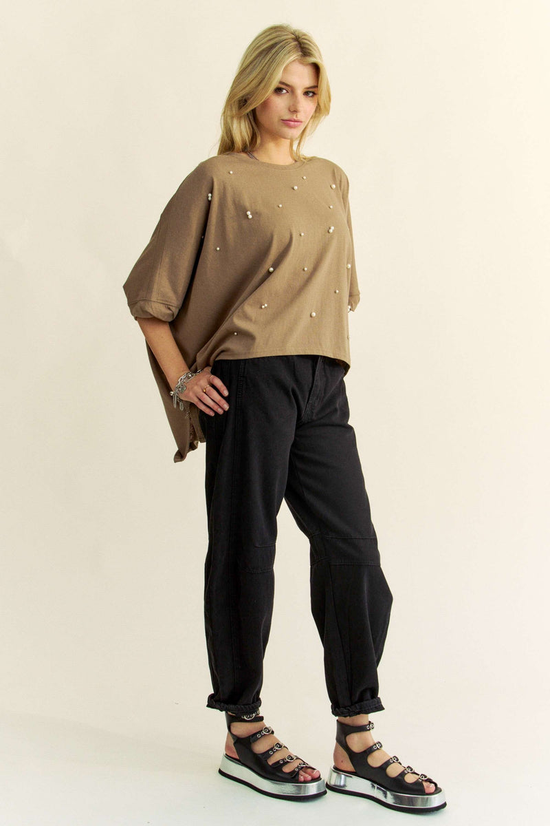 Davi & Dani OVERSIZED Solid Color Top with Pearl Embellishments in Arm ...