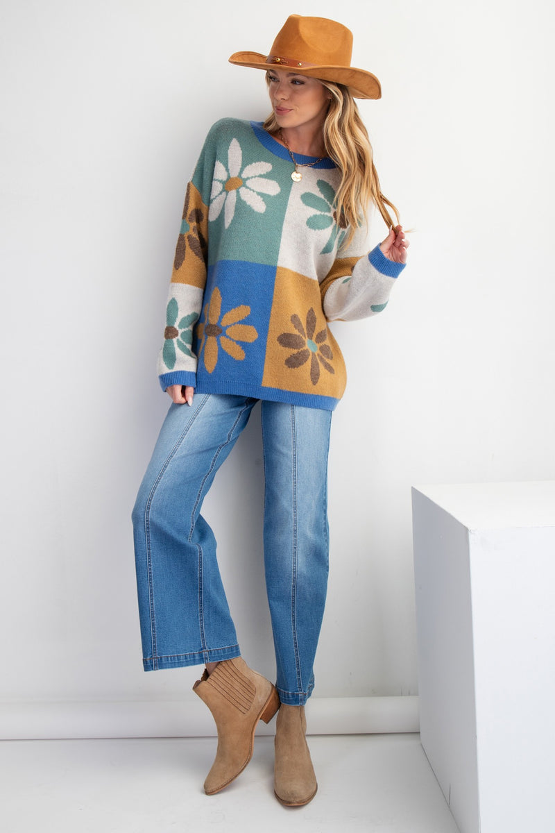 Easel Flower Print Color Block Sweater in Sage Teal – June Adel
