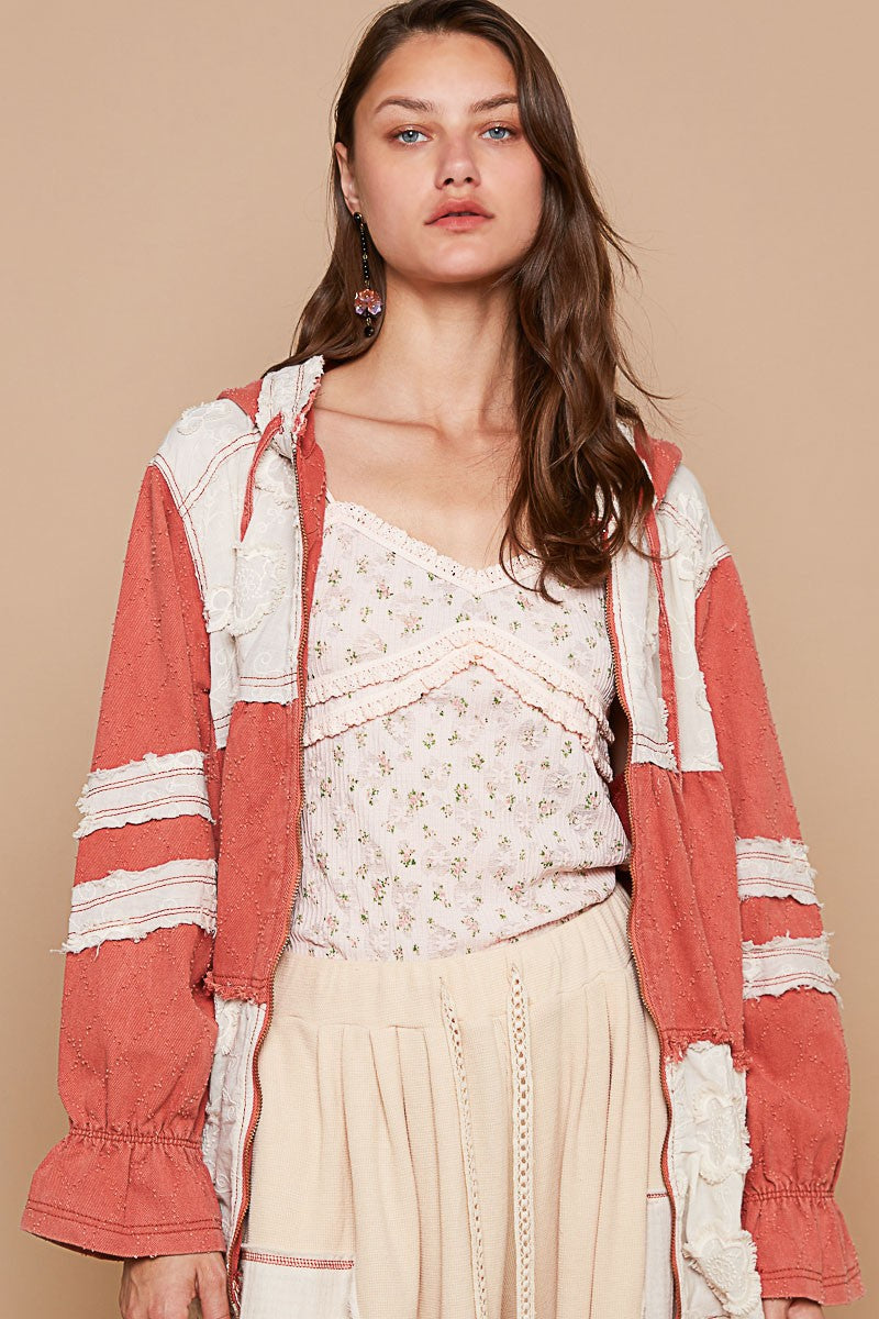 POL A-Line Hooded Zip Up Jacket in Brick Multi – June Adel