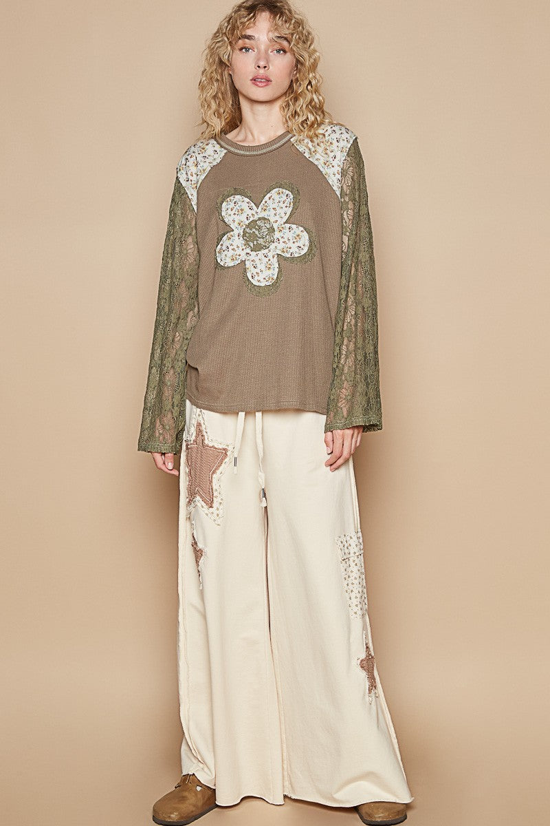 POL Thermal Knit Top with Lace Sleeves and Flower Patch Front in Khaki ...