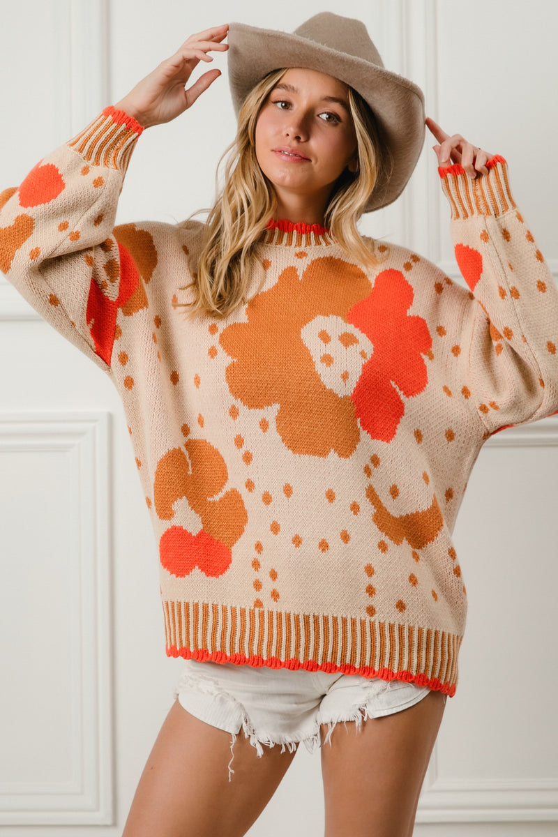 BiBi Flower Pattern Knit Sweater in Rust Combo – June Adel