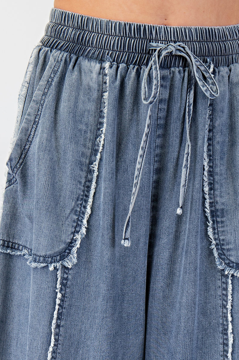 Easel Frayed Chambray Palazzo Pants in Washed Denim – June Adel