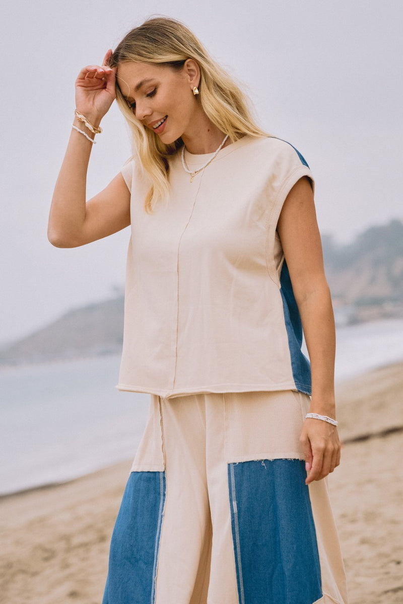 Oddi Mixed French Terry and Denim Muscle Tank Top in Ivory – June Adel