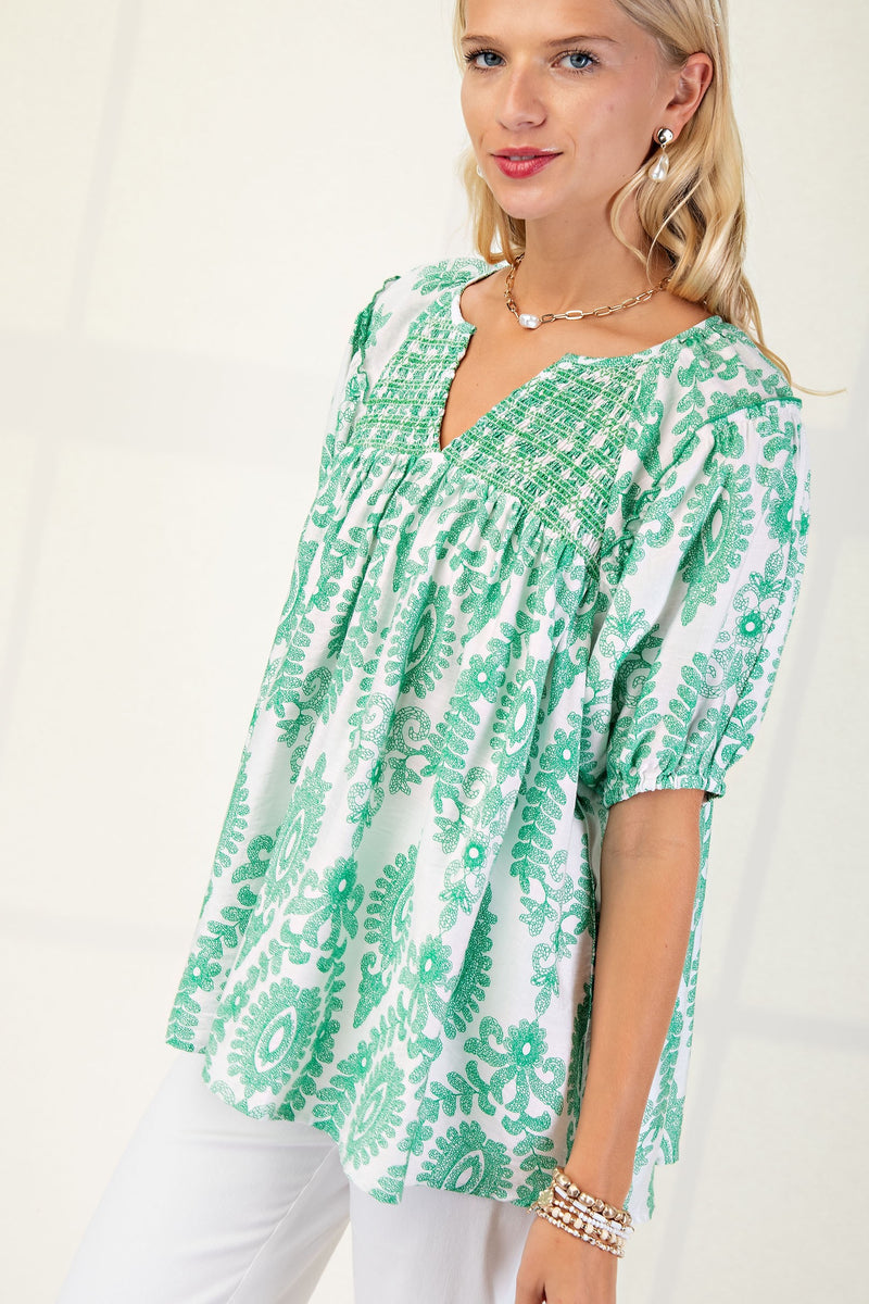 GiGio Printed Smocked Front and Back Top in Green – June Adel