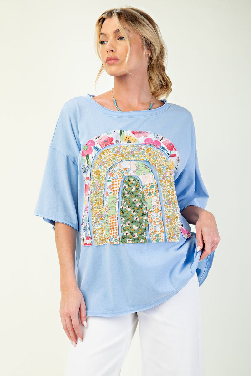 Easel Solid Color Knit Top with Raised Patchwork Front in Peri Blue ...