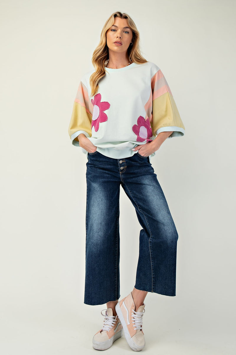 Easel Terry Knit Color Block Top with Flower Patches in Powder Mint ...