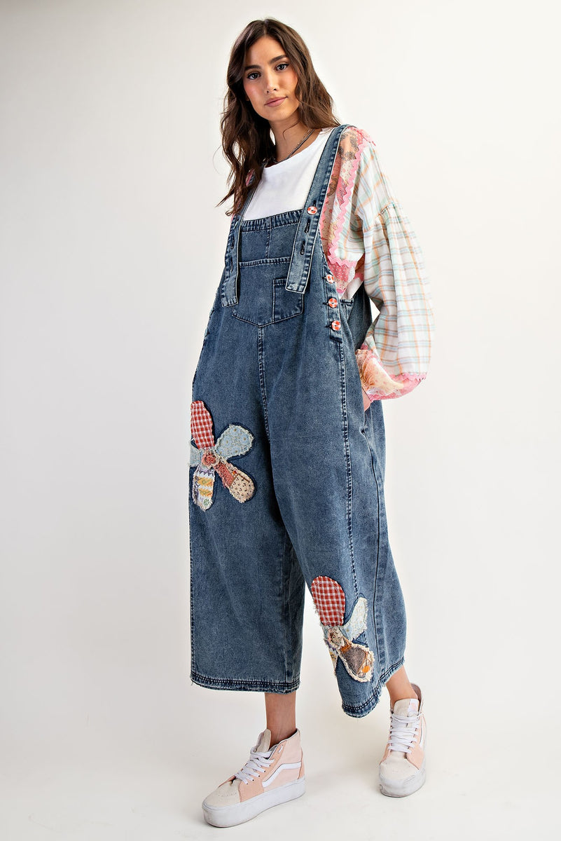 Easel OVERSIZED Flower Patched Overalls in Dark Denim – June Adel