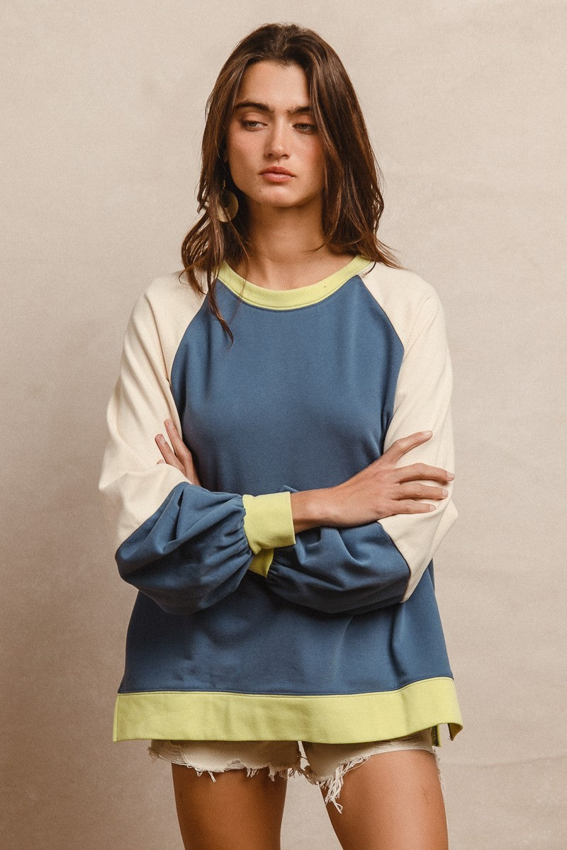BiBi French Terry Color Block Top in Indigo/Lime – June Adel