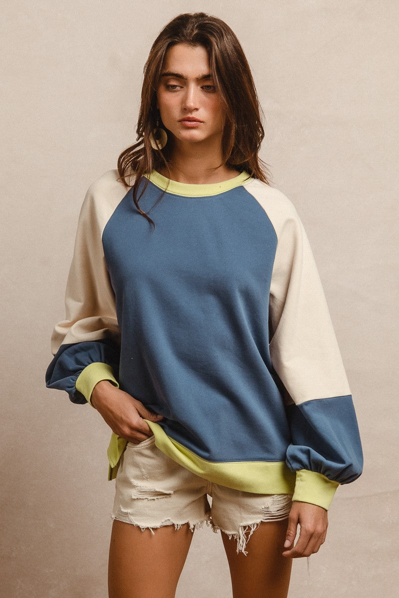 BiBi French Terry Color Block Top in Indigo/Lime – June Adel