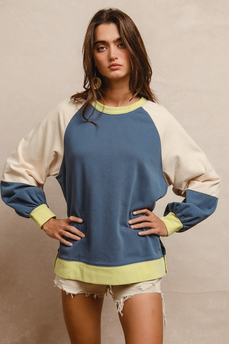 BiBi French Terry Color Block Top in Indigo/Lime – June Adel