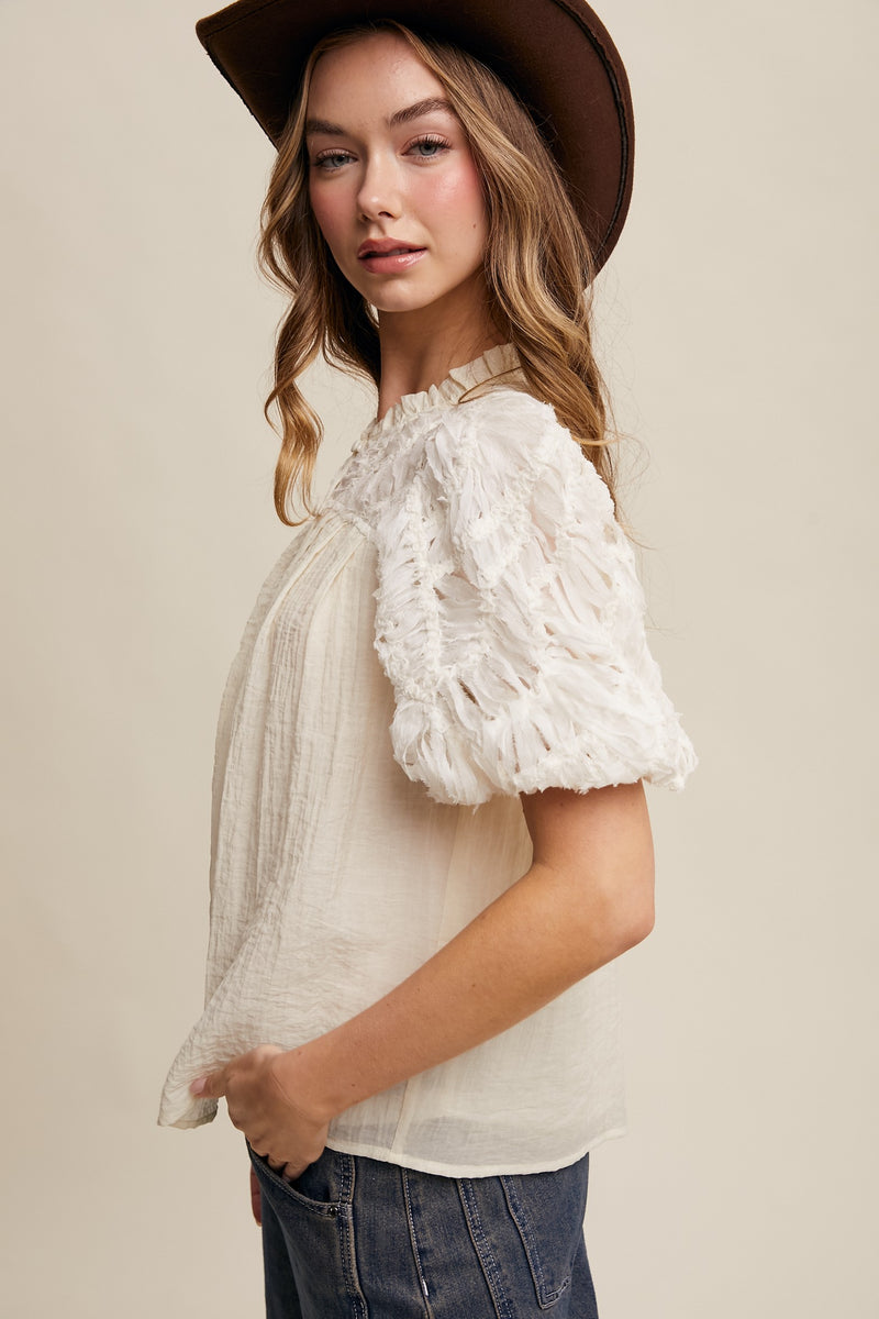 Listicle Solid Color Top with Shaggy Fringe and Puff Sleeves in Ecru ...