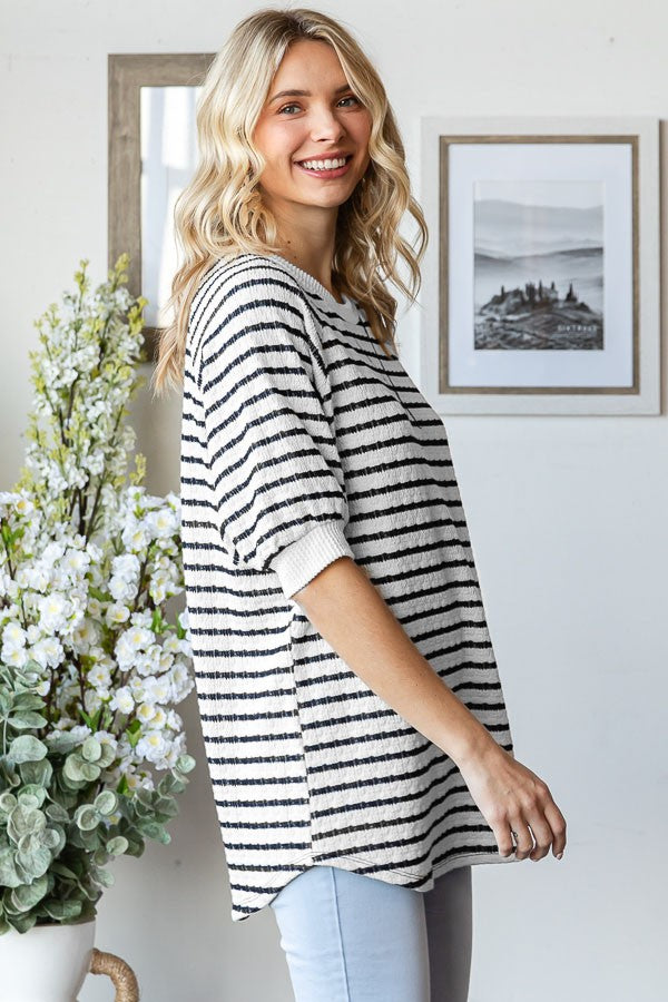 7th Ray Striped Textured Raglan Top in Navy – June Adel