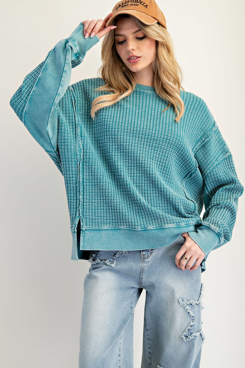 Easel Mineral Washed Thermal Knit Top in Faded Teal ON ORDER – June Adel