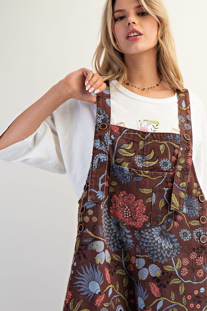 Easel Oversized Floral Print Denim Overall Jumpsuit in Brown – June Adel