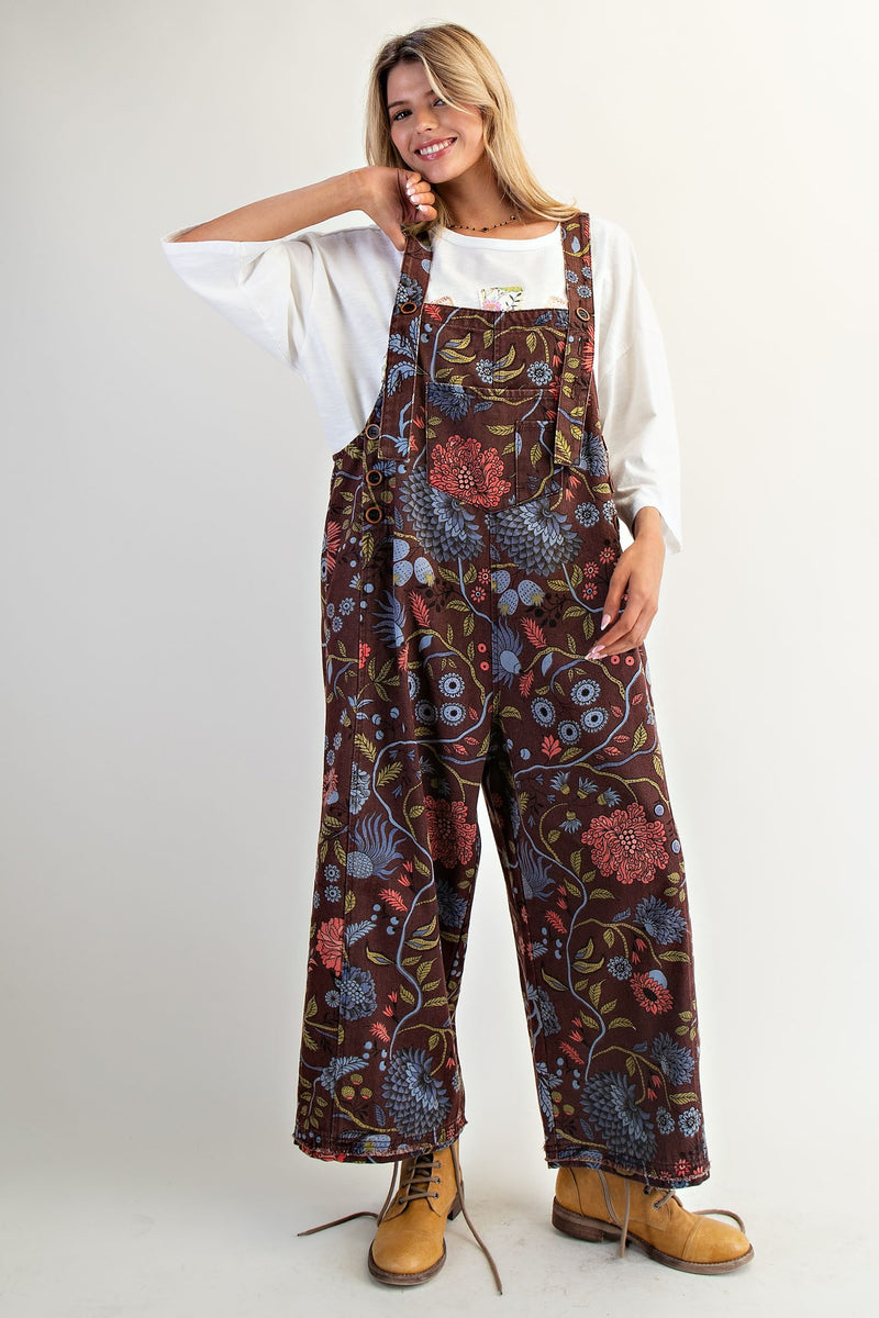 Easel Oversized Floral Print Denim Overall Jumpsuit in Brown – June Adel